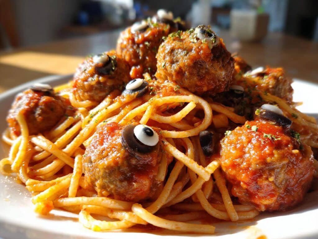 15-Minute Spooky Spaghetti & Cheesy Monster Meatballs Delight